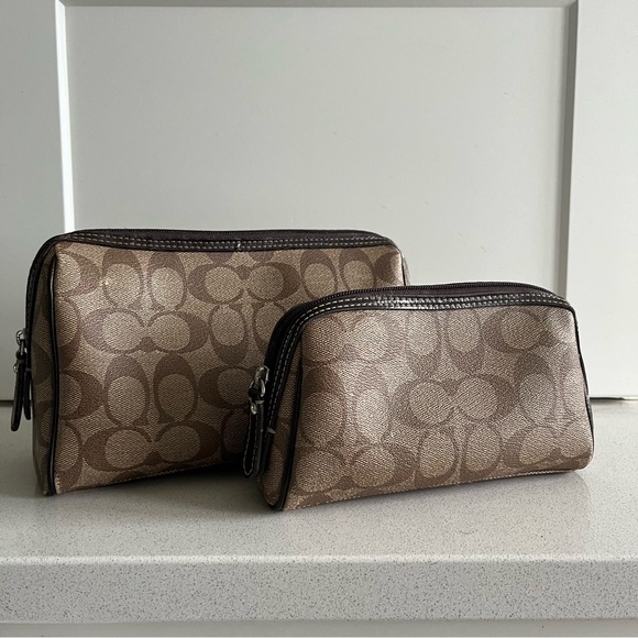 Coach | Bags | Coach Brown Toiletry Bag Set With Signature Monogram ...
